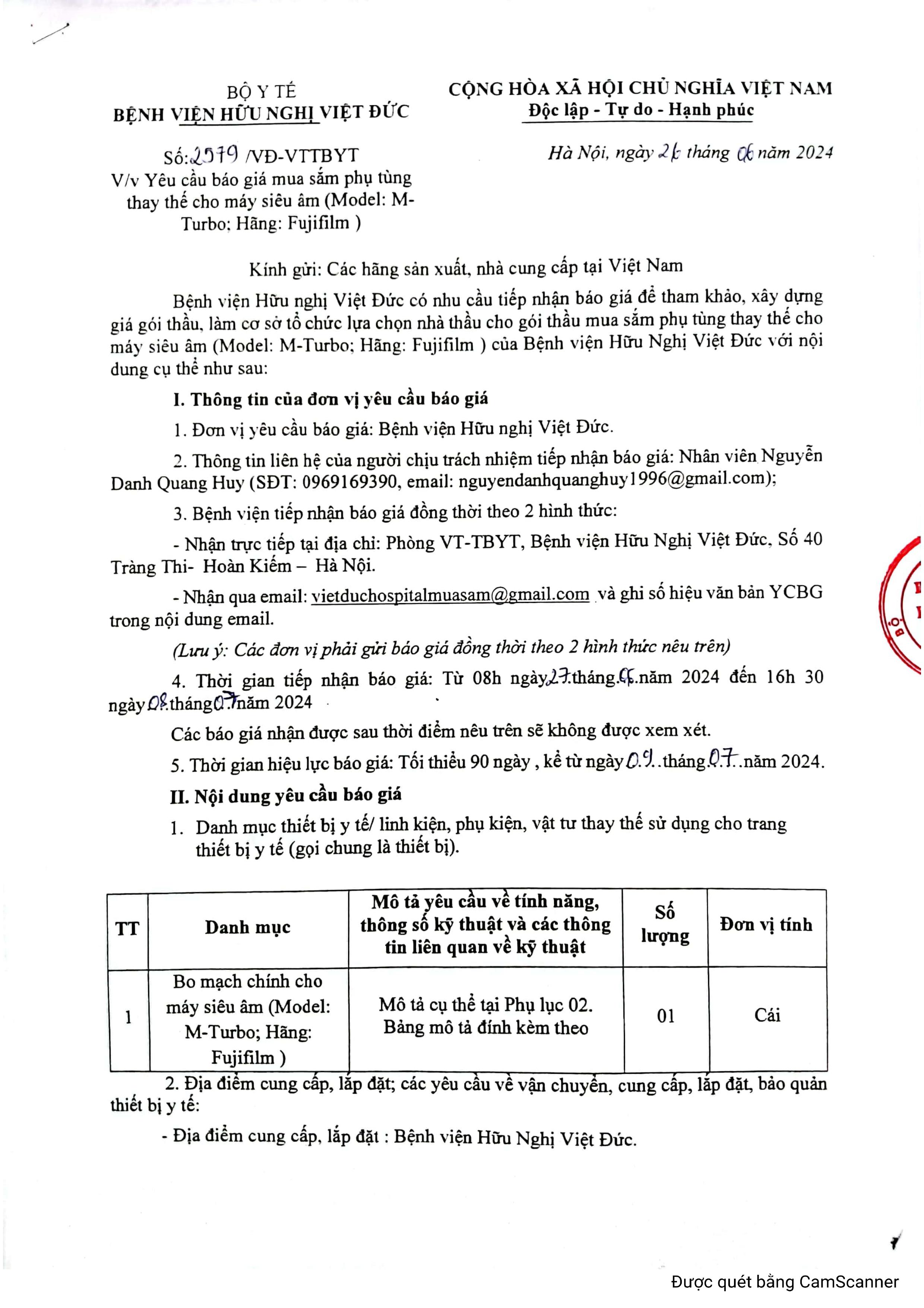 Bệnh viện Hữu nghị Việt Đức có nhu cầu báo giá mua sắm phụ tùng thay ...