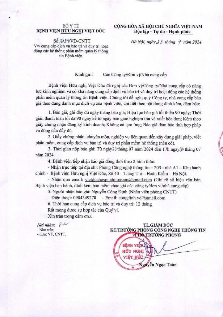 Bệnh viện Hữu nghị Việt Đức mời báo giá cung cấp dịch vụ bảo trì và duy trì hoạt động các hệ ...