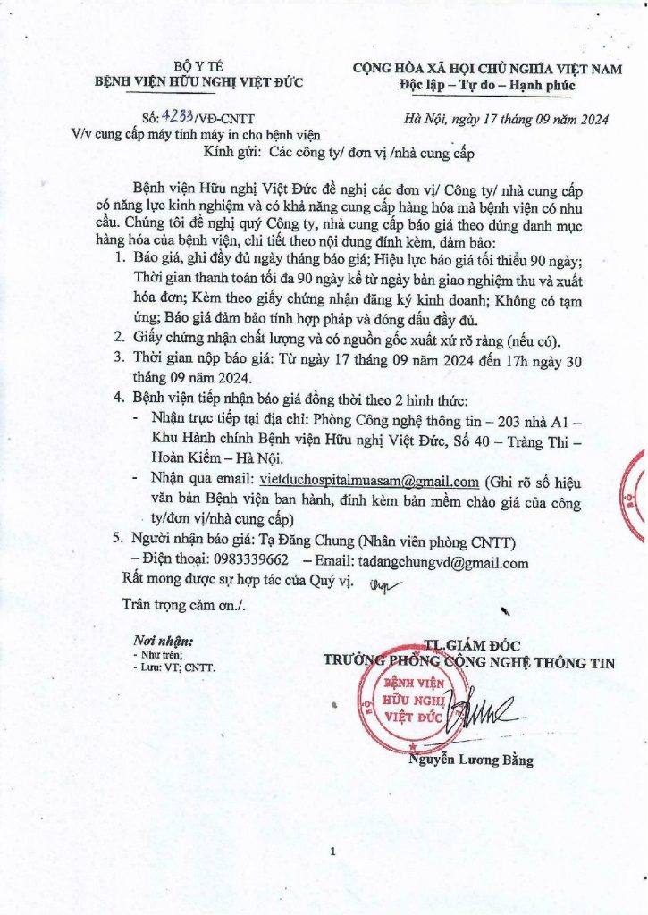 Bệnh viện Hữu nghị Việt Đức mời báo giá cung cấp máy tính máy in cho bệnh viện - Bệnh viện Việt ...
