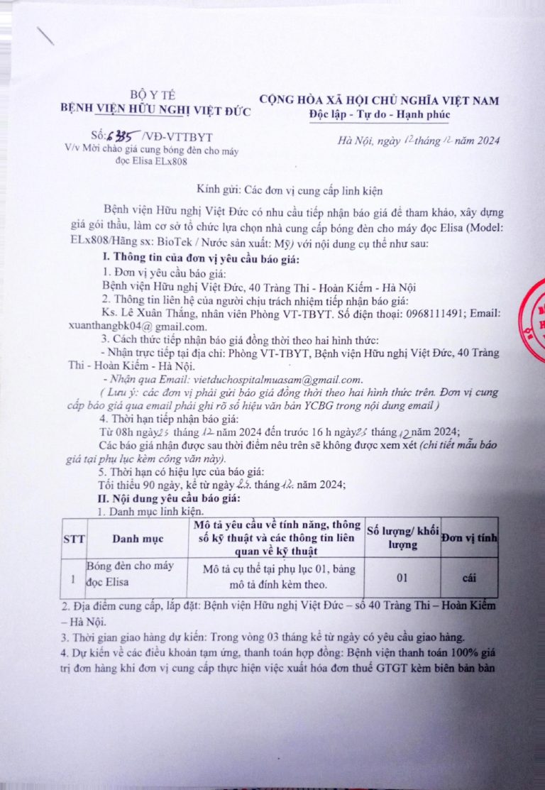 Bệnh viện Hữu nghị Việt Đức mời chào giá cung cấp bóng đèn cho máy đọc ...