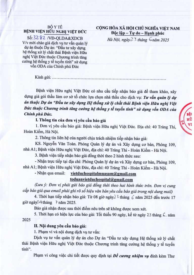 Bệnh viện Hữu nghị Việt Đức mời chào giá dịch vụ tư vấn quản lý dự án thuộc Dự án: “Đầu tư xây ...