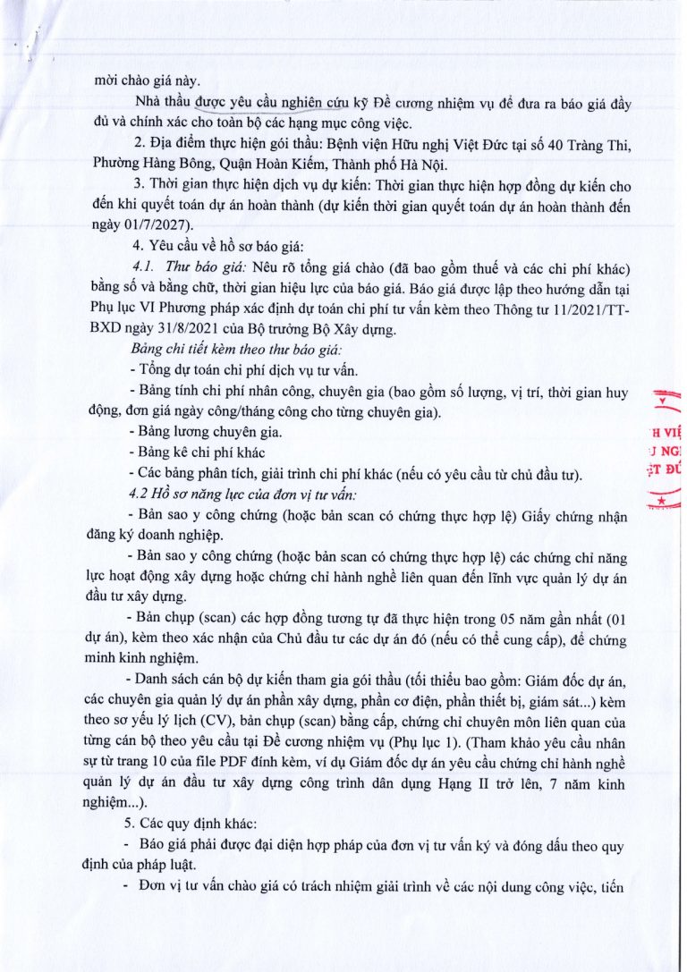 Bệnh viện Hữu nghị Việt Đức mời chào giá dịch vụ tư vấn quản lý dự án thuộc Dự án: “Đầu tư xây ...