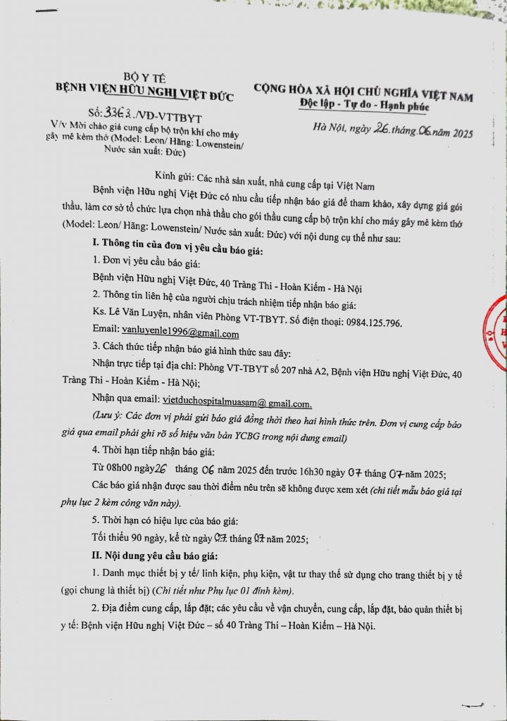 Bệnh viện Hữu nghị Việt Đức mời chào giá cung cấp bộ trộn khí cho máy ...